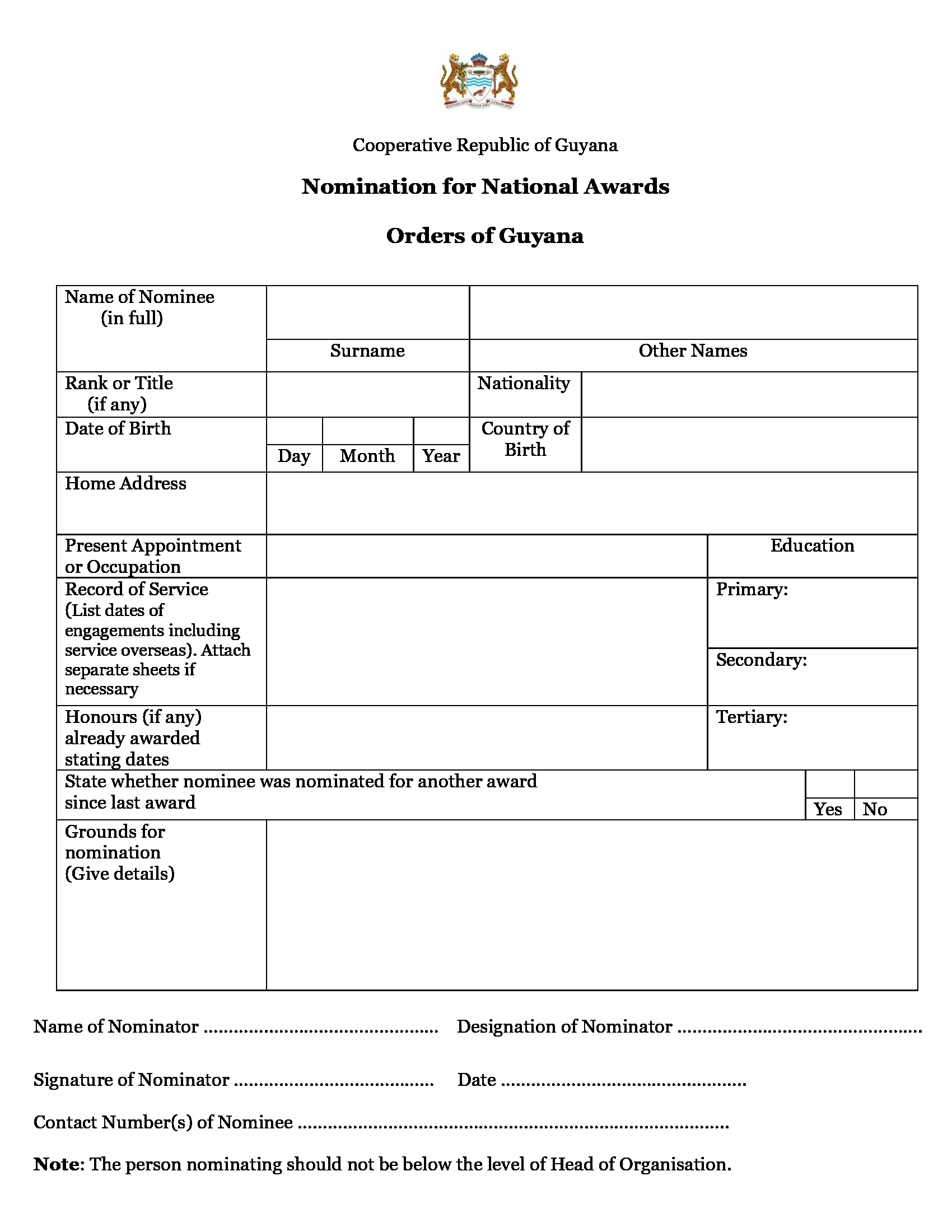 NOMINATION FOR NATIONAL AWARDS - News Source Guyana